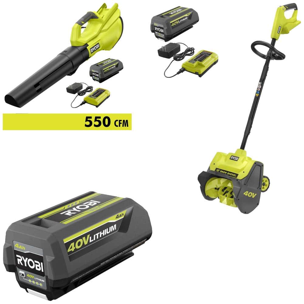 Ryobi 40V 12 in. Electric Snow Shovel with 4.0 Ah Battery and Charger ...