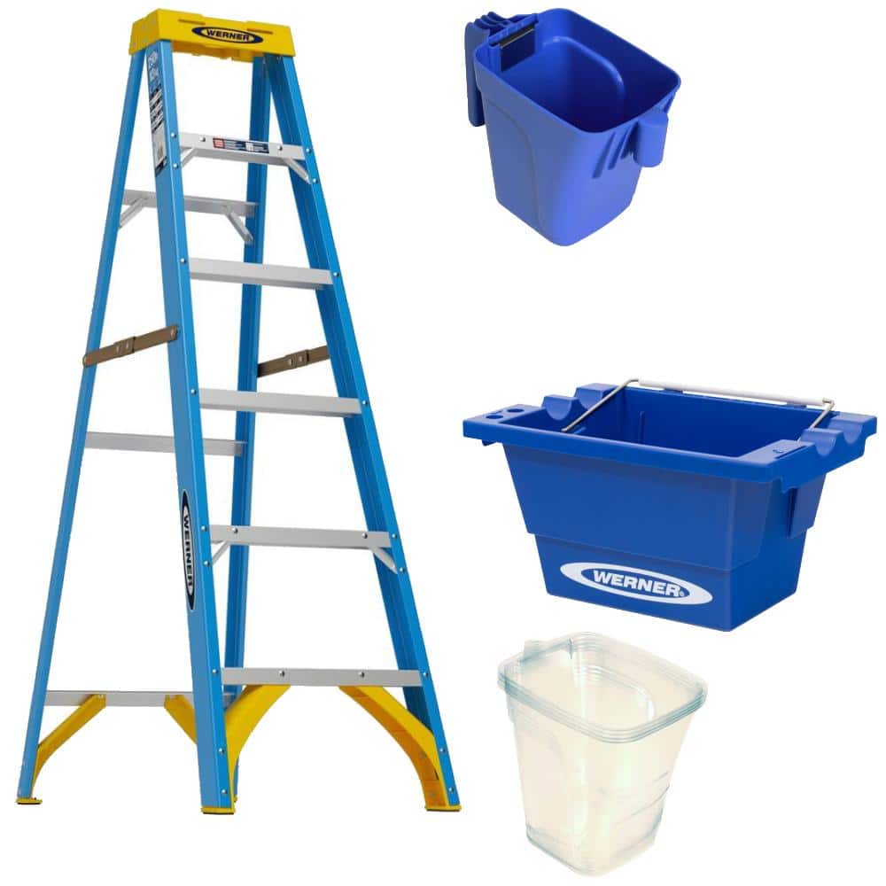 Werner 6 ft. Fiberglass Step Ladder with 10 ft. Reach Height and 250 lb. Load Capacity Bundle ...