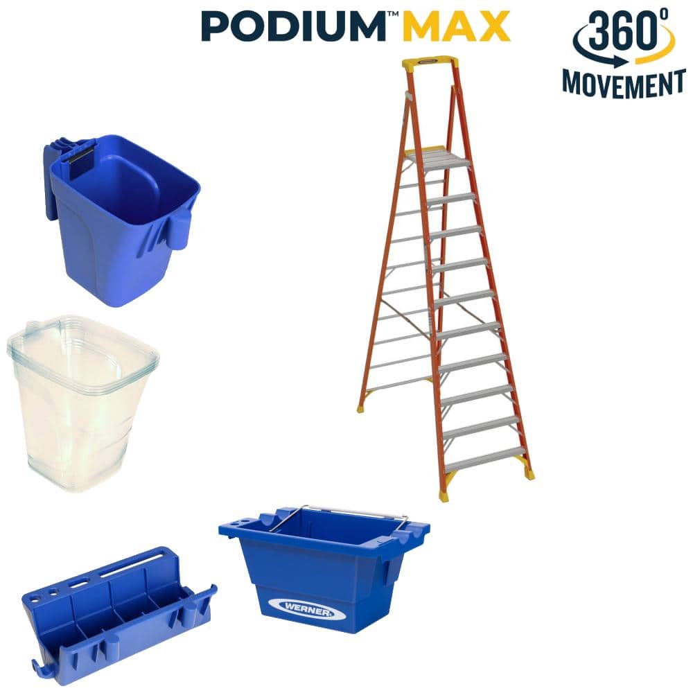 Werner 10 ft. Fiberglass Podium Ladder with 16 ft. Reach and 300 lbs. Load Capacity Bundle - The ...
